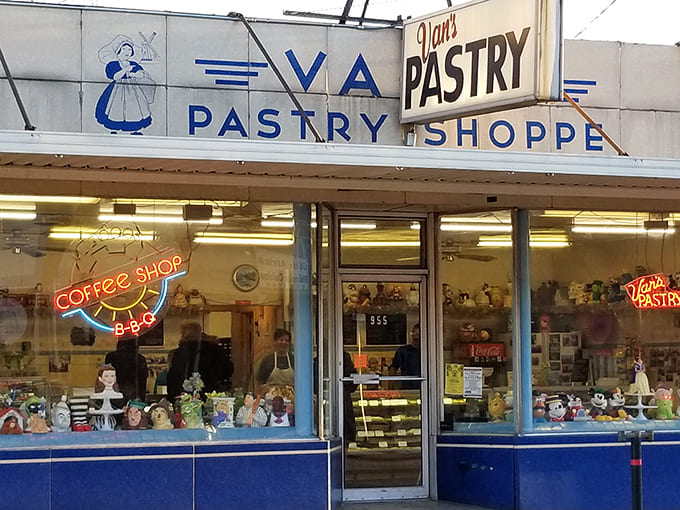 The iconic blue-and-white fa&ccedil;ade of Van's Pastry Shoppe stands as a sweet beacon in Grand Rapids, complete with vintage signage that's been tempting passersby for generations.
