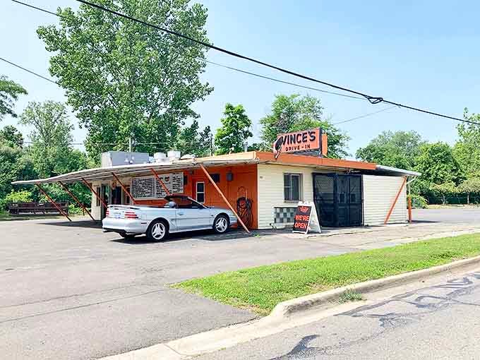 A slice of Americana stands proudly in Monroe, Michigan &ndash; Vince's Drive-In's orange and white exterior has been welcoming hungry visitors since 1955.