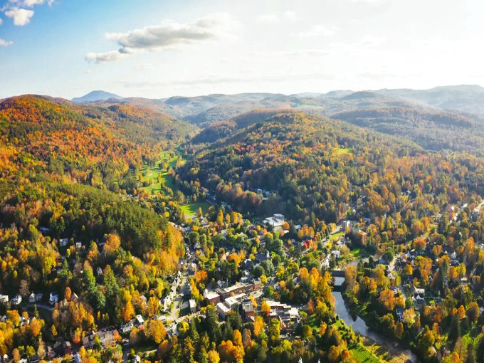 Woodstock, Vermont: A bird's-eye view of paradise where autumn paints the Green Mountains in nature's most extravagant color palette.