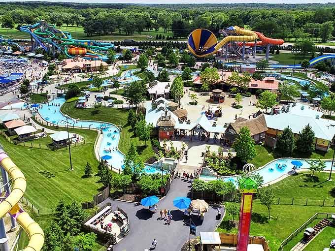 Aerial view reveals a water paradise where Ohioans trade cornfield views for colorful slides and the sweet symphony of splashing.