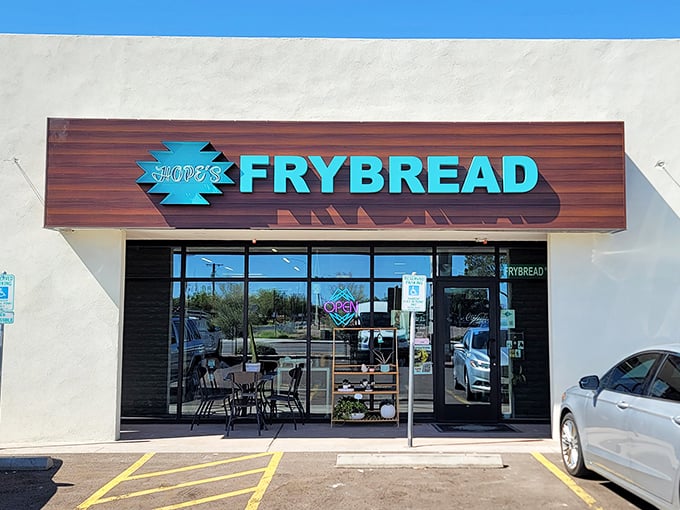 The turquoise sign of Hope's Frybread beckons from its modest storefront, promising authentic Southwestern delights within those unassuming walls.
