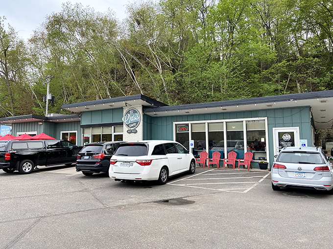 The unassuming teal exterior of Oasis Cafe hides burger greatness within – like finding a diamond in a very delicious rough.