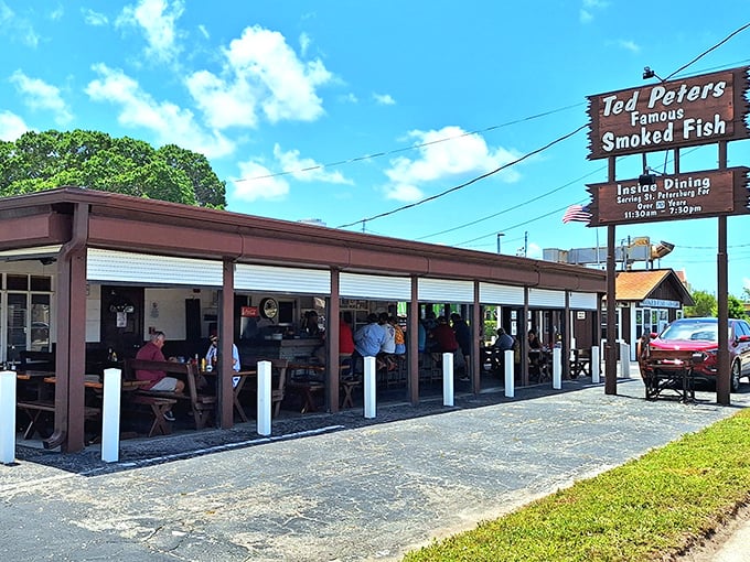 The unassuming roadside charm of Ted Peters beckons with a promise of smoky delights that have kept folks coming back since the 1950s.