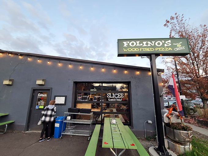Folino's exterior welcomes pizza pilgrims with its unassuming charm and promise of wood-fired delights within.