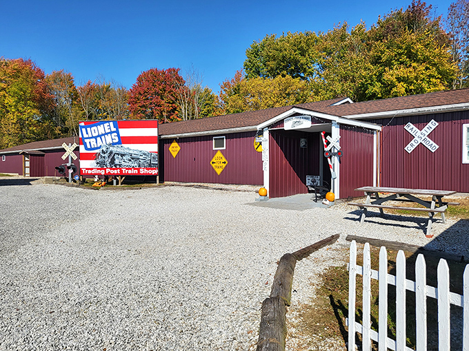 A charming burgundy haven for train enthusiasts, Corner Field's exterior promises adventures in miniature waiting just beyond those doors.