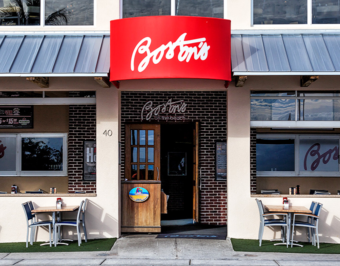 The iconic red Boston's sign welcomes hungry patrons to this slice of New England nestled on Florida's sunny shores.