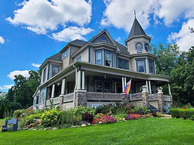That turret isn't just architectural eye candy, it's your signal that you've arrived at one of Illinois' most charming pieces of cinematic history, where Victorian elegance meets Hollywood magic.