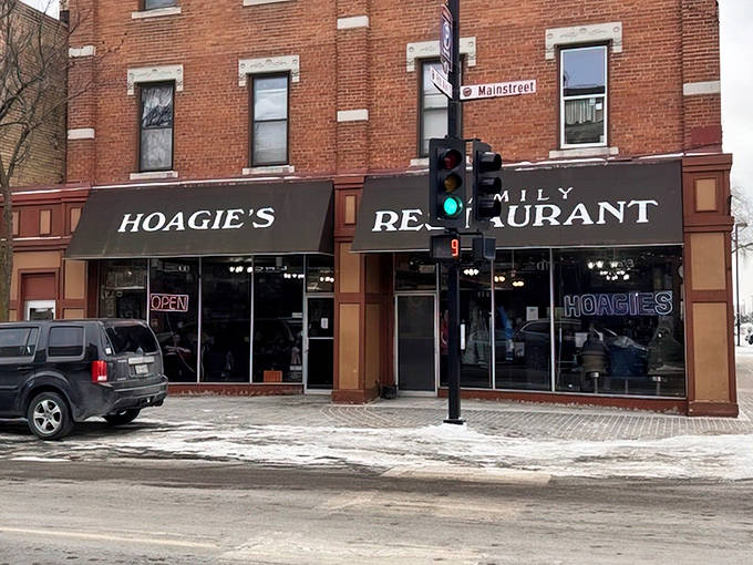 Brick and awnings announce Hoagie's presence on Hopkins' Mainstreet &ndash; an unassuming facade hiding breakfast greatness within.