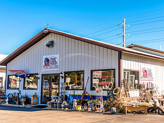 The unassuming white shed exterior of Great Lakes Antiques Boutique belies the wonderland of treasures waiting inside. Like finding a five-star restaurant in a gas station!