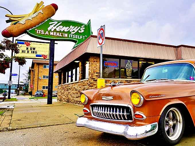 That giant hot dog sign isn't just advertising, it's a beacon of hope for anyone who appreciates honest American comfort food done right.