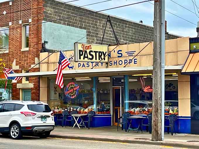 The blue-trimmed storefront beckons like a portal to pastry paradise, where calories don't count and fritters reign supreme.