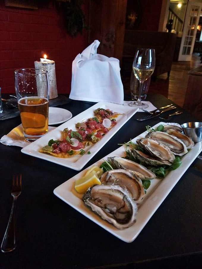 Fresh oysters and appetizers await their fate at the hands of appreciative diners&mdash;the perfect beginning to an evening of culinary delights.