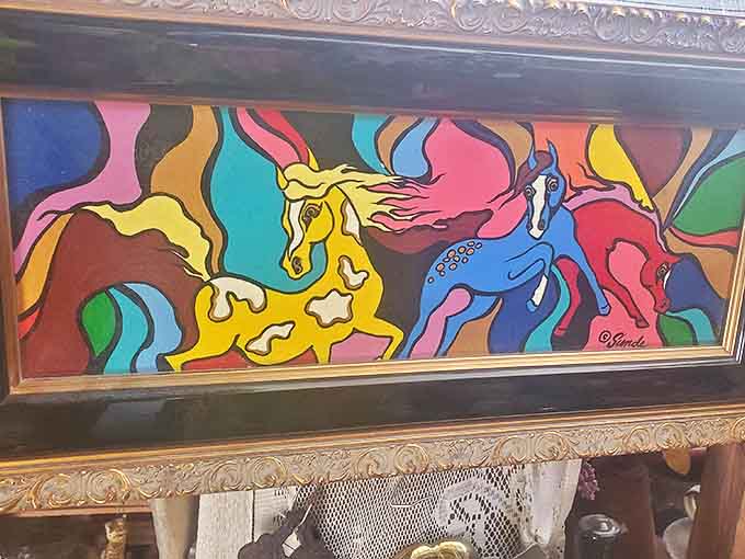 A vibrant horse painting bursts with psychedelic colors, its framed energy a perfect representation of the artistic freedom that defined an era.