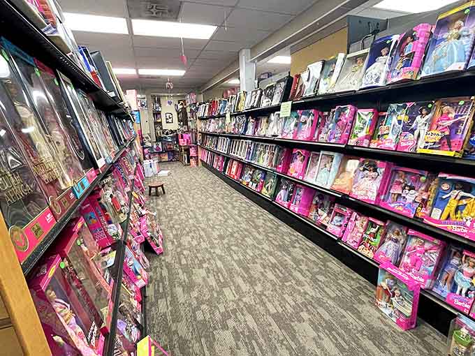The doll aisle stretches into infinity, a pink-hued paradise where Barbie and friends have been waiting decades for their forever homes.