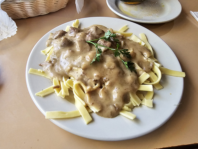 Beef stroganoff that looks like it was made by someone's grandmother who really, really loves you.
