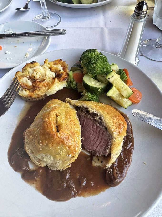 Beef Wellington done right is increasingly rare, but here the pastry shatters perfectly to reveal meat cooked exactly as ordered &ndash; a technical achievement worth celebrating.
