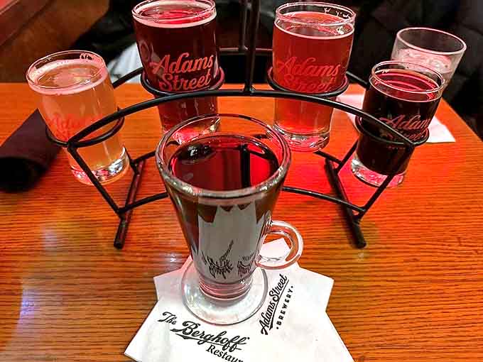 Beer flight nirvana &ndash; a wooden carousel of liquid happiness showcasing Adams Street Brewery's finest creations in perfect tasting portions.