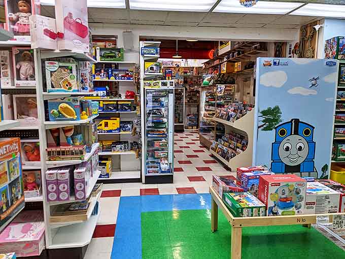 Shelves overflow with possibilities, from Thomas to LEGO to mysteries yet undiscovered in the back corners.
