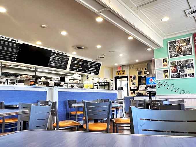 Another angle reveals the spacious, music-themed interior where comfort food meets rock and roll nostalgia in perfect harmony.