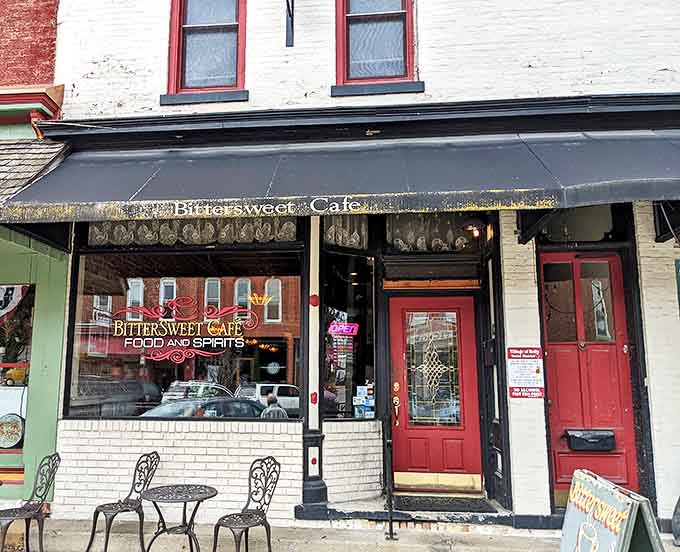 Bittersweet Cafe's inviting storefront promises comfort food with character &ndash; that red door practically beckons you inside for homemade goodness.