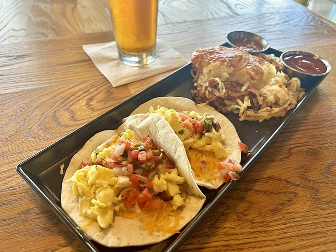 Morning salvation arrives in tortilla form, stuffed with scrambled eggs and fresh pico&mdash;proof that breakfast foods work anytime the craving strikes.