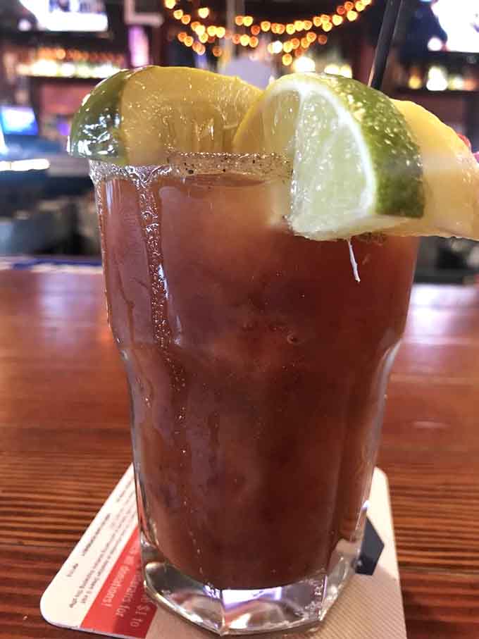 This Bloody Mary comes loaded with garnishes, practically a meal in a glass for the adventurous brunch crowd.