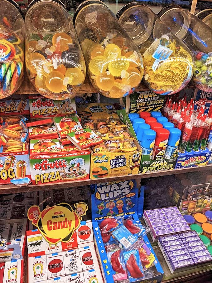 The candy display offers a rainbow of sugar that makes adults suddenly remember what it felt like to get allowance money.