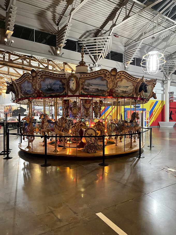 This antique carousel doesn't just spin—it twirls you back to childhood with each ornately painted wooden horse.