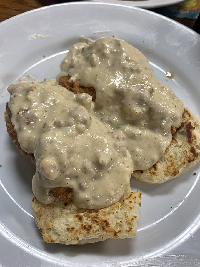 Biscuits smothered in creamy sausage gravy&mdash;the kind of Southern comfort that makes you want to buy a rocking chair.