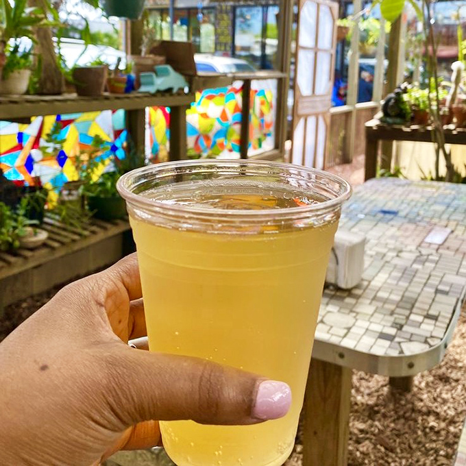 A refreshing glass of house-made cider enjoyed in the garden area offers the perfect complement to Satchel's robust flavors.