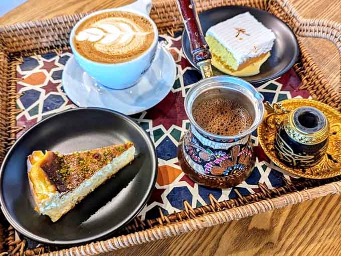 Artful presentation elevates the coffee and dessert experience, with traditional serving pieces adding authentic touches to this cultural journey.