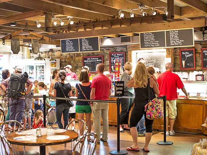 The line forms as ice cream pilgrims wait their turn, united by the universal language of "I'll have two scoops, please."