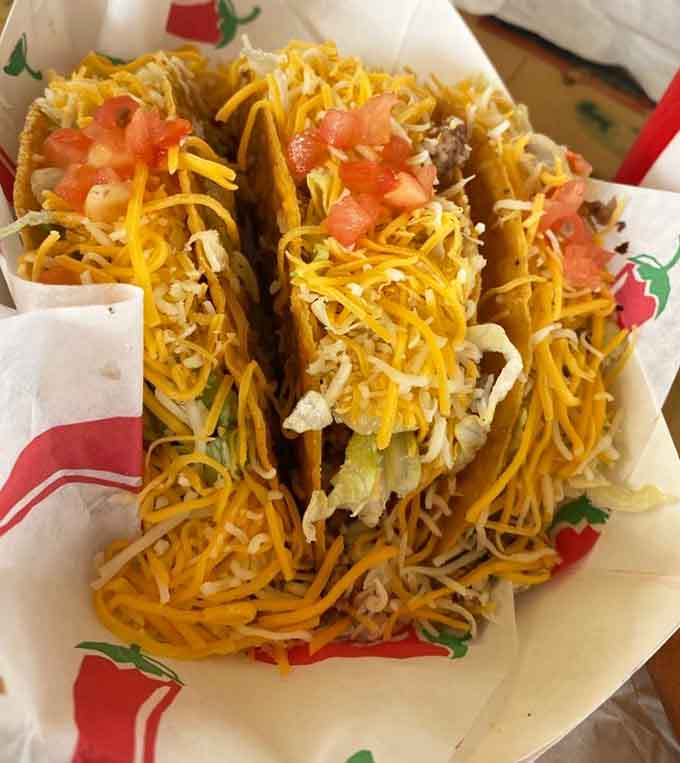 Those tacos are loaded higher than a tourist's expectations, proving that even the non-burger items here refuse to play it safe or boring.