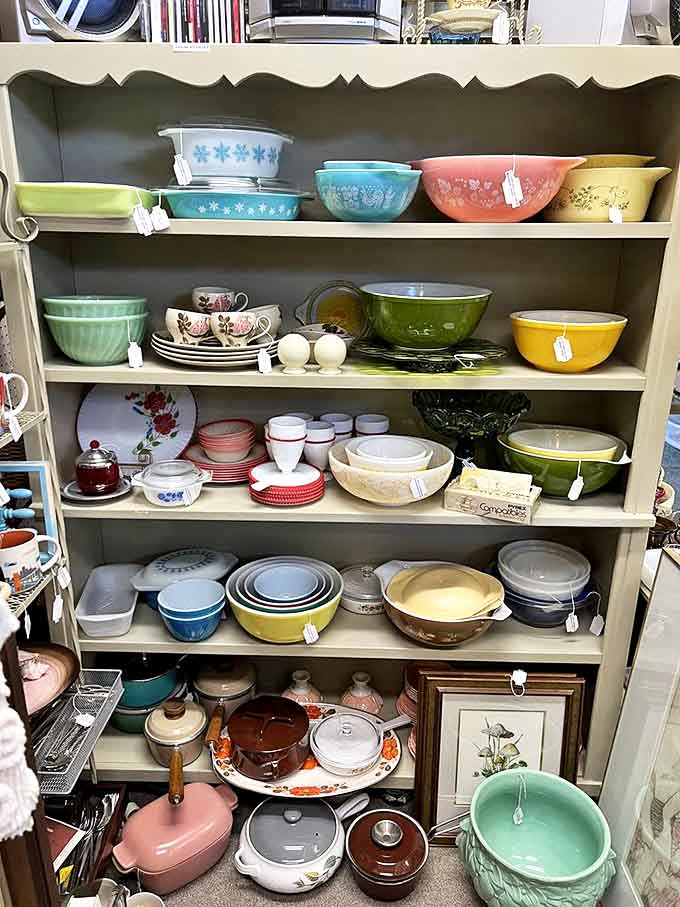 A pastel paradise of vintage Pyrex bowls and mid-century serving dishes &ndash; the kind that make modern reproductions look shamefully inadequate.