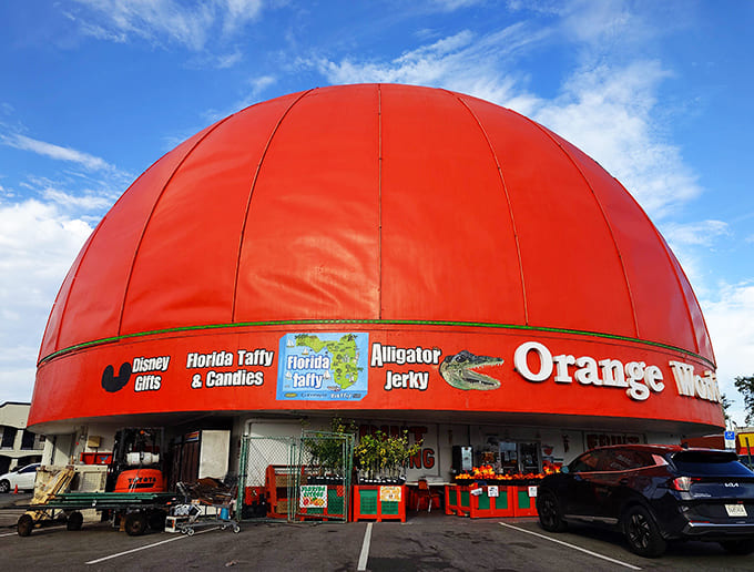 Orange World's exterior showcases its citrus pride with signs advertising fresh fruit, Disney gifts, and the quintessentially Floridian alligator jerky.
