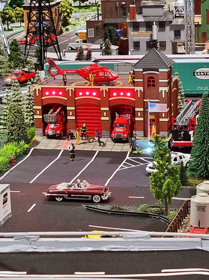 The fire station springs to life with working lights and incredibly detailed emergency vehicles ready for their next miniature rescue mission.