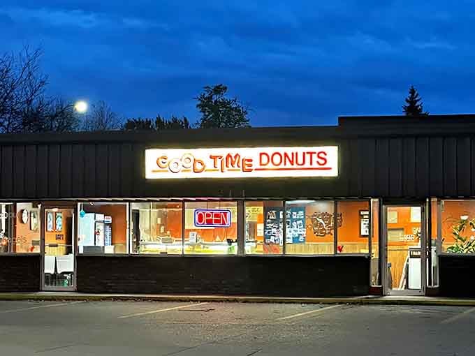 Even at night, Good Time Donuts' warm glow beckons sweet-toothed night owls. Some cravings simply can't wait until morning.