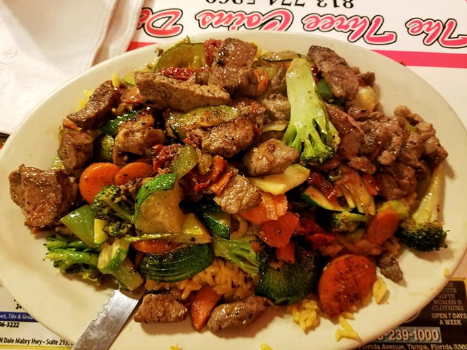 Steak tips and vegetables that prove dinner at a diner can be just as satisfying as breakfast &ndash; hearty, colorful, and zero pretension.