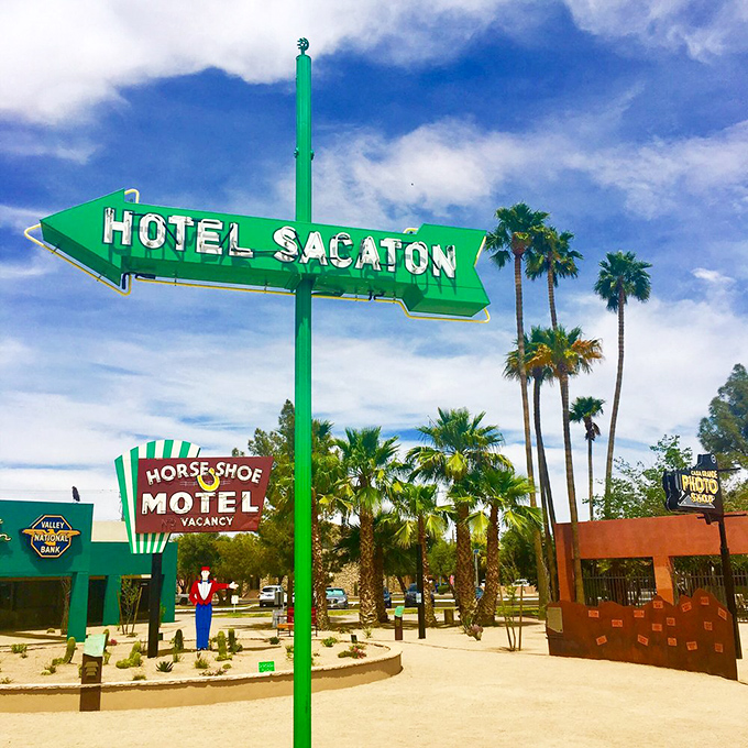 The Hotel Sacaton sign points skyward with mid-century optimism, its arrow design practically shouting "The future is this way!" to passing motorists.