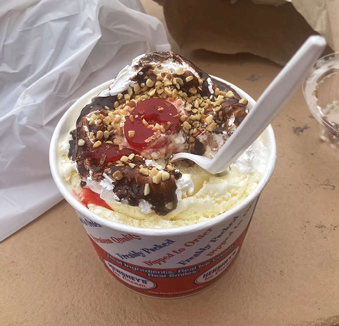 Hershey's ice cream topped with whipped cream, chocolate sauce, and cherries—because sometimes you need to double down on dessert.