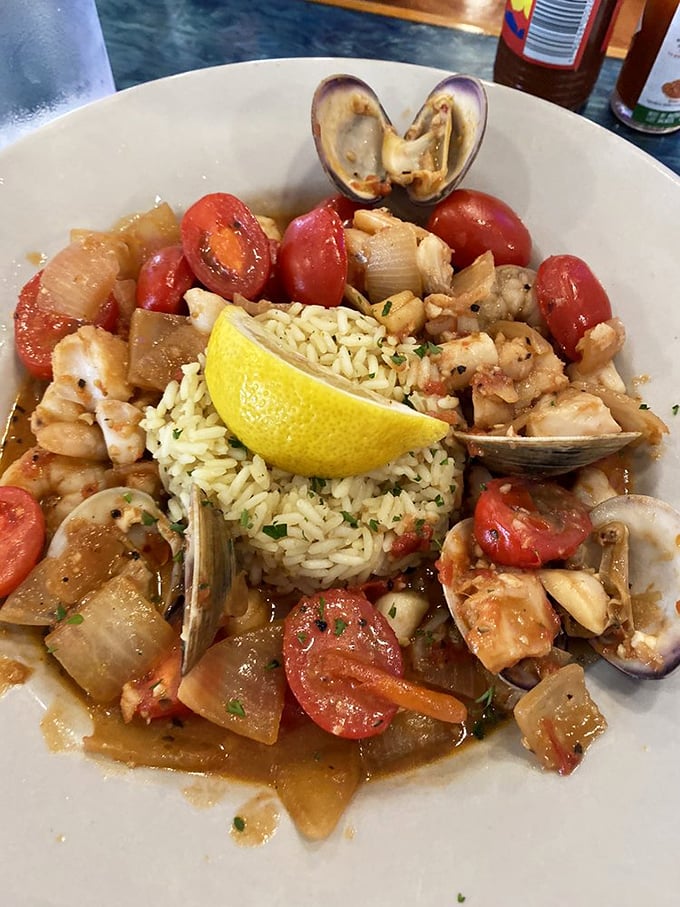 This jambalaya isn't just a meal &ndash; it's a celebration in a bowl, with seafood and vegetables dancing around a mound of perfectly seasoned rice.