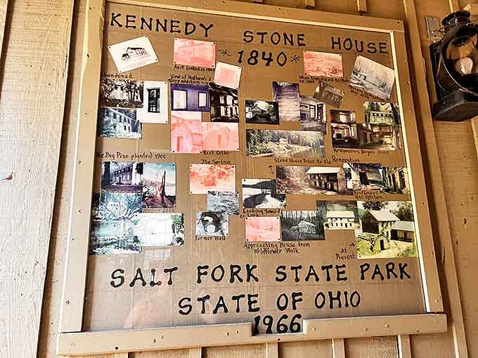A display board showcasing the rich history of the Kennedy Stone House &ndash; more compelling than your cousin's endless vacation slideshows.