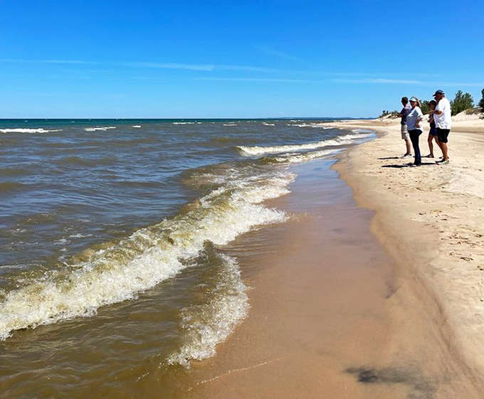 Lake Michigan's shoreline stretches toward infinity, offering a perfect blue contrast to the golden dunes that bring visitors flocking.