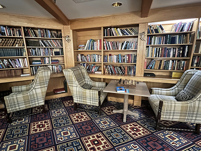 Bookworms rejoice in the reading room, where plush chairs invite hours of literary escape surrounded by well-stocked shelves.