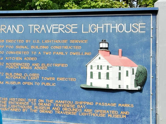 A historical marker details the lighthouse's evolution from its 1858 construction through various modernizations to its current museum status.
