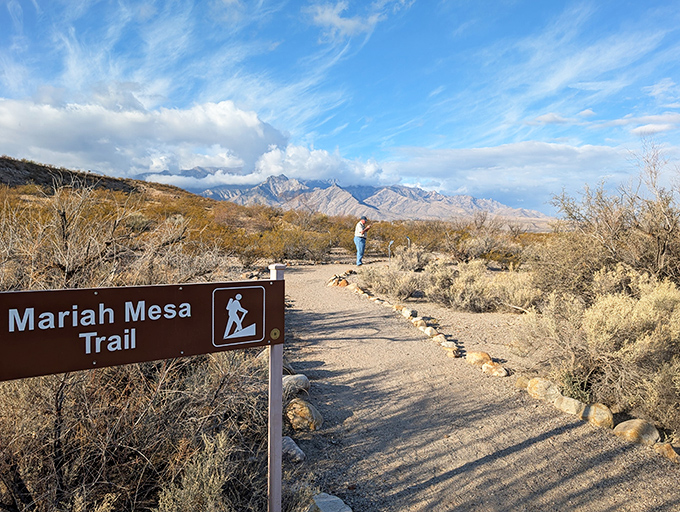 The Mariah Mesa Trail sign stands as both invitation and promise&mdash;follow this path and spectacular desert vistas will be your reward.