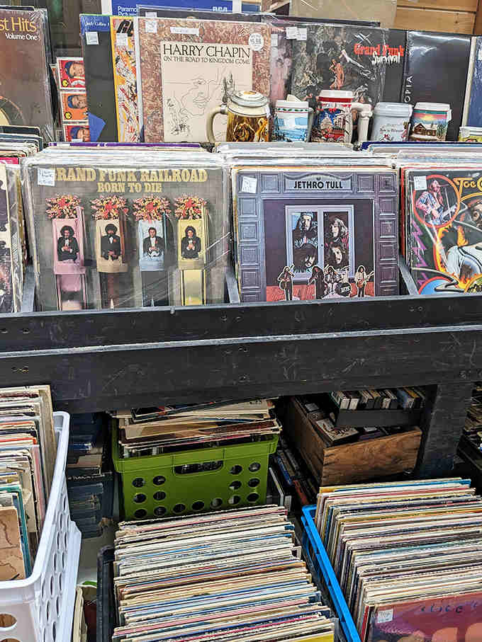 Vinyl records from legendary bands like Grand Funk Railroad and Jethro Tull await new turntables and appreciative ears.