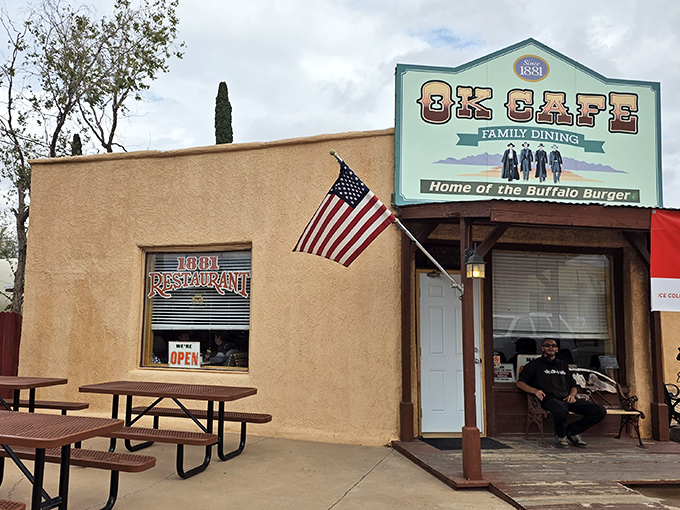 The O.K. Cafe serves up buffalo burgers and frontier hospitality under a sign that's seen more Arizona sunsets than most of us have had hot dinners.