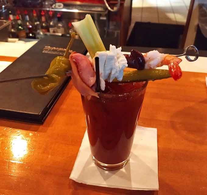 This loaded Bloody Mary comes dressed to impress, like it's heading to a garnish convention and wants to win best in show.