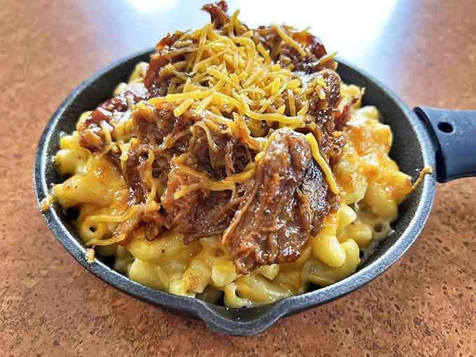Pulled pork over mac and cheese is the kind of inspired combination that makes you wonder why every restaurant doesn't offer it.